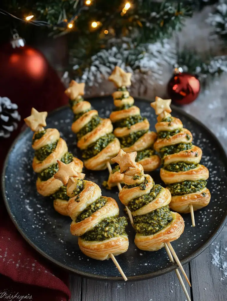 Puff Pastry Christmas Tree Snacks with Pesto and Cheese - Hearty Delish